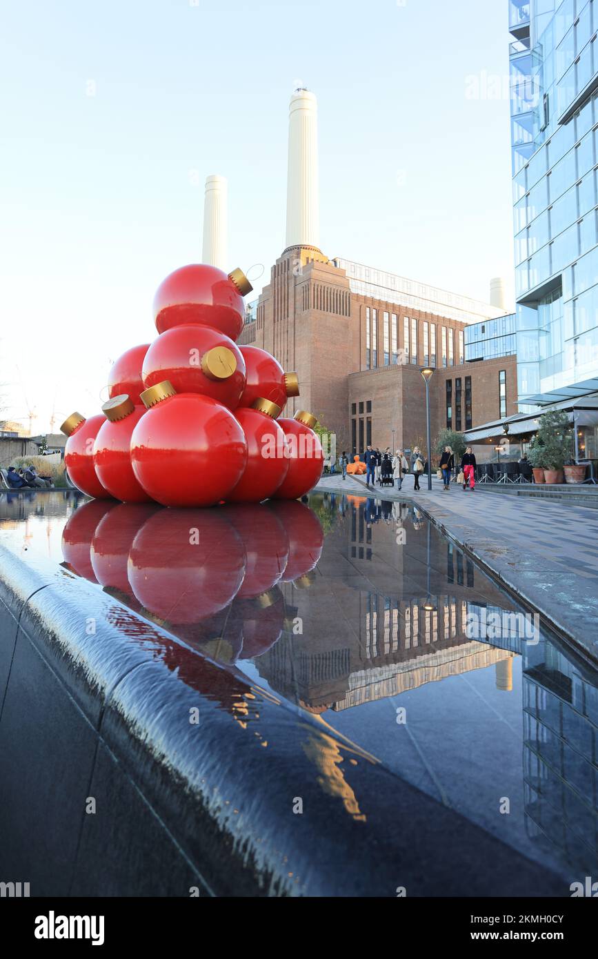 Giant Christmas baubles outside the reopened, iconic Battersea Power ...