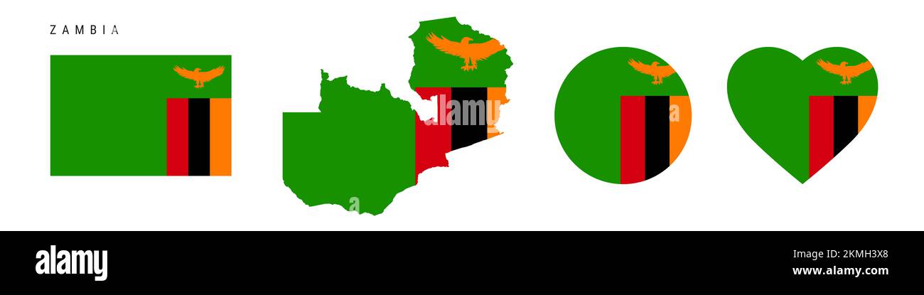 Zambia flag icon set. Zambian pennant in official colors and proportions. Rectangular, map ...