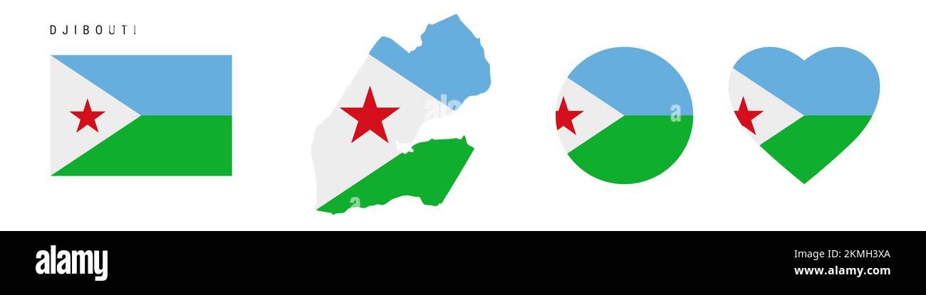 Djibouti flag icon set. Djiboutian pennant in official colors and proportions. Rectangular, map ...