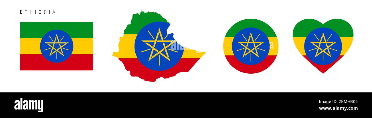Ethiopia flag icon set. Ethiopian pennant in official colors and proportions. Rectangular, map ...
