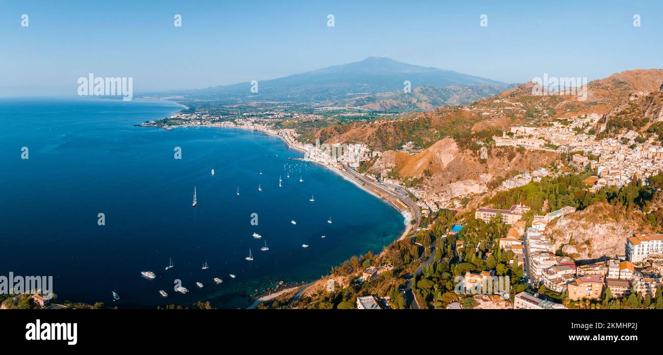 Panoramic aerial view of Isola Bella island and beach in Taormina Stock ...