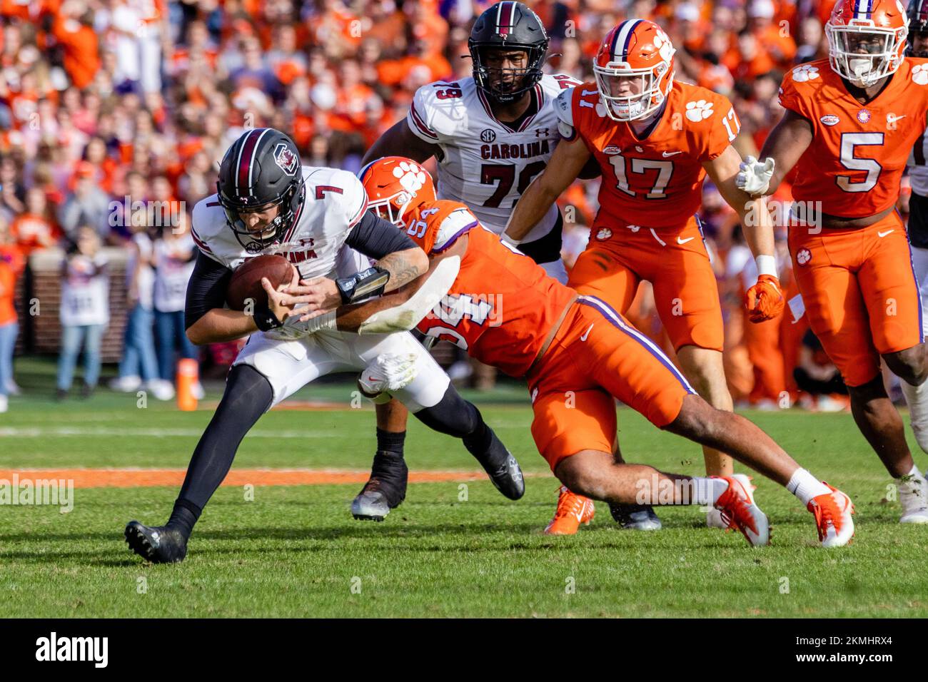 November 26, 2022: South Carolina Gamecocks quarterback Spencer Rattler (7) gets sacked by ...