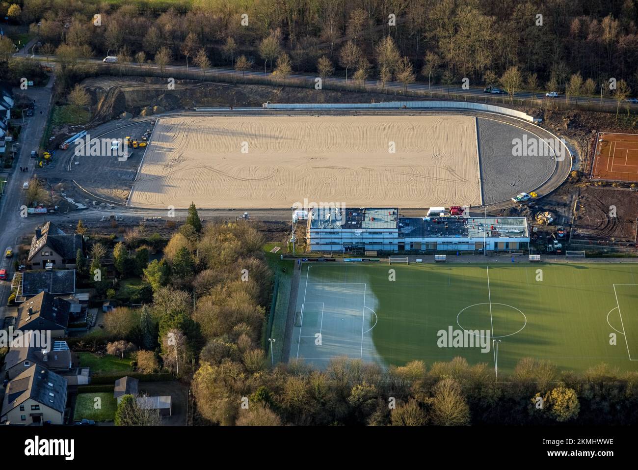 Aerial view, construction site new sports field at the sports facility ...