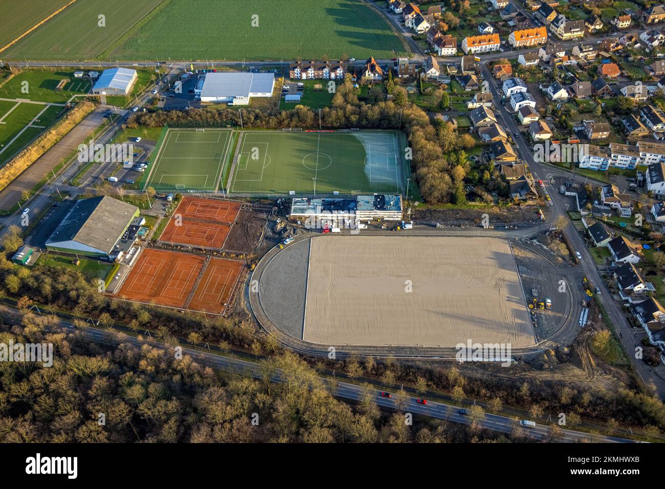 Aerial view, construction site new sports field at the sports facility ...