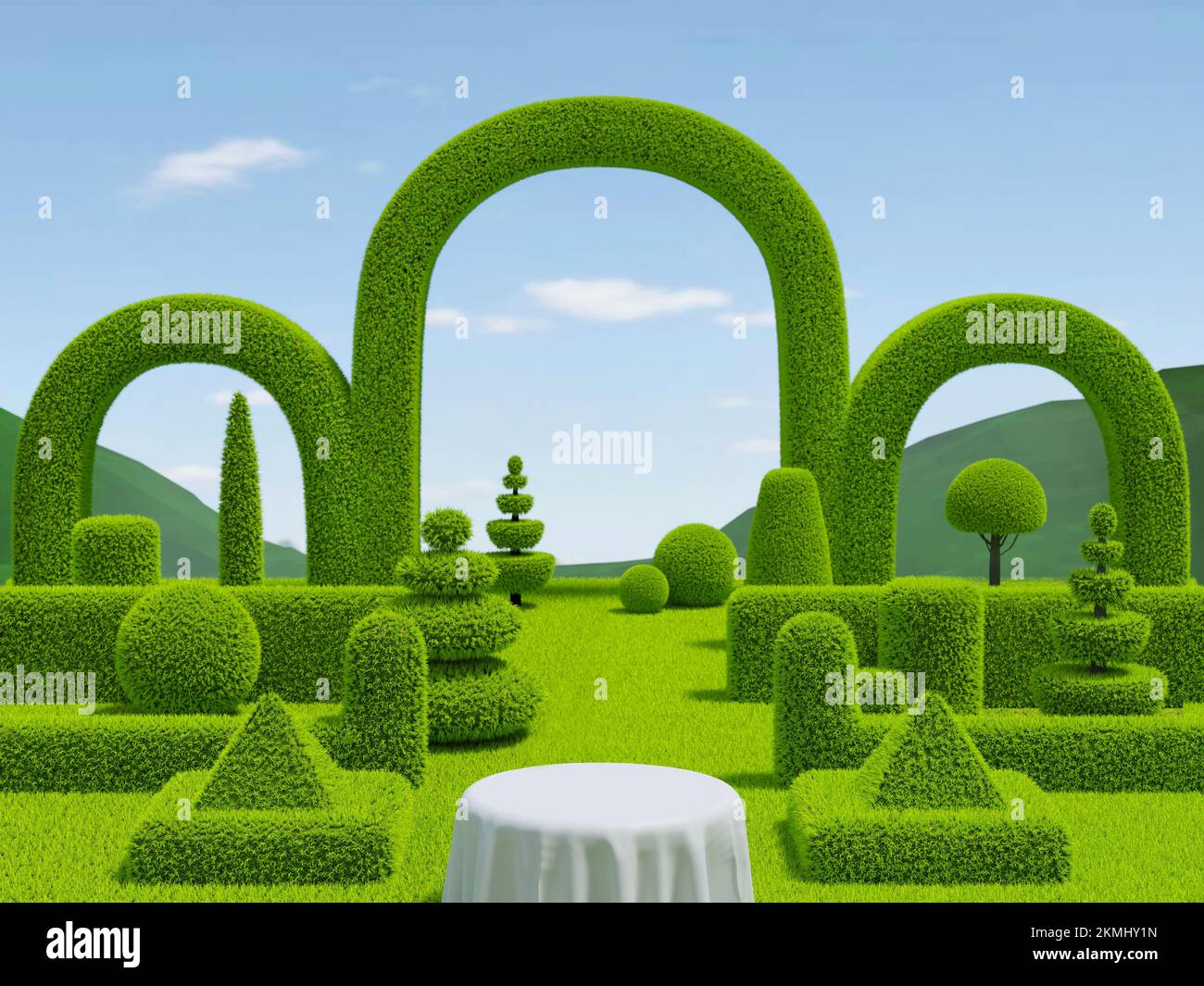 Abstract garden - 3d geometric illustration. Background with podium and ...