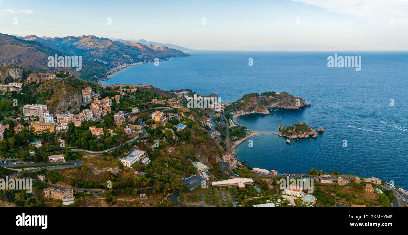 Panoramic aerial view of Isola Bella island and beach in Taormina Stock ...