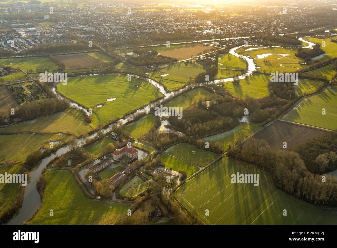 Aerial view, moated castle Oberwerries with Lippe floodplain in ...