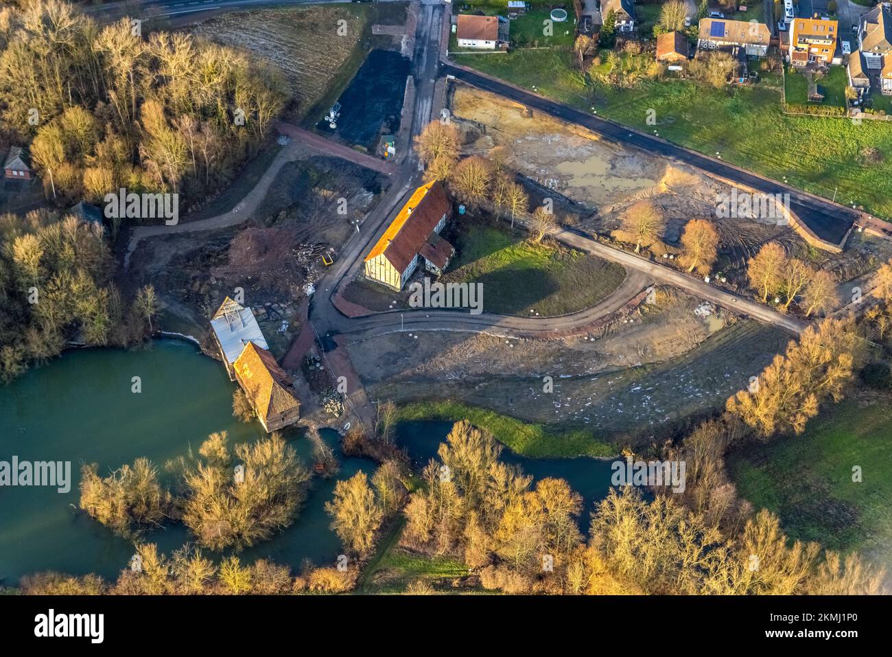 Aerial view, construction site and renovation of the castle mill at the ...