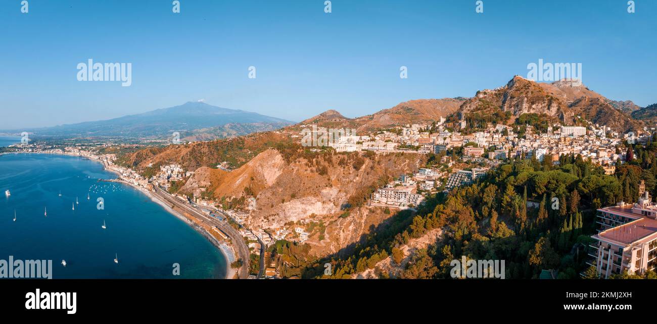 Beautiful aerial view of the Taormina town in Sicily, Italy Stock Photo ...