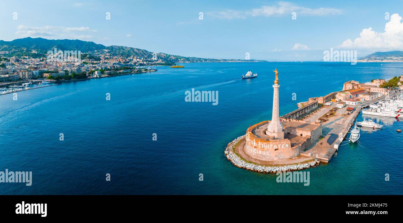 View of the Messina's port with the gold Madonna della Lettera statue ...