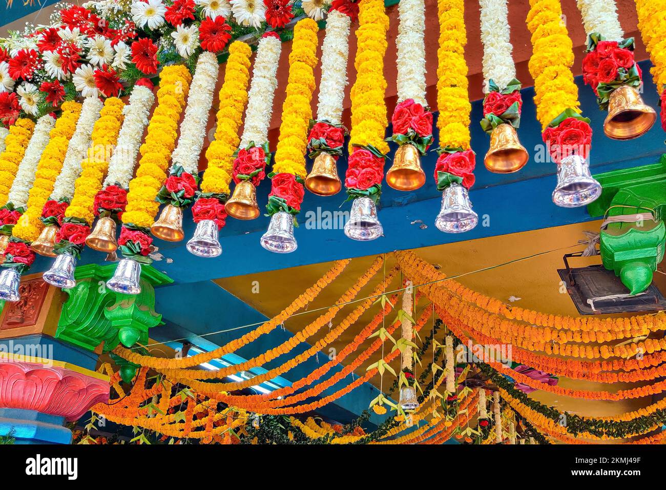 The colorful Indian flower Garlands in a market for festive decoration ...