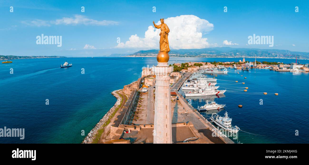 View of the Messina's port with the gold Madonna della Lettera statue ...