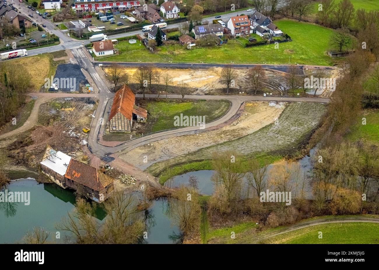 Aerial view, construction site and renovation of the castle mill at the ...