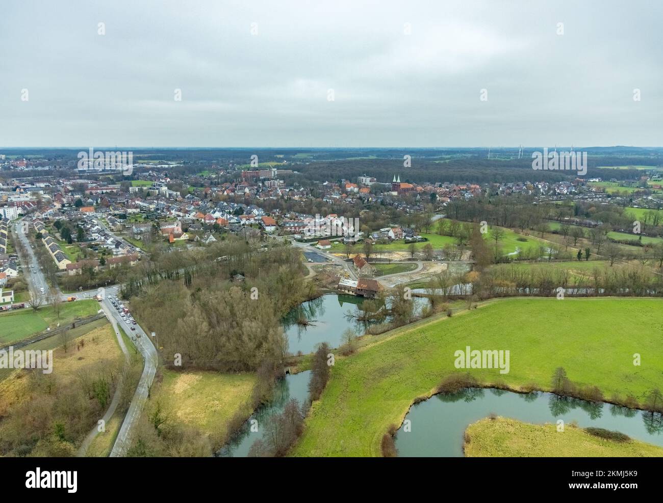 Aerial view, construction site and renovation of the castle mill at the ...