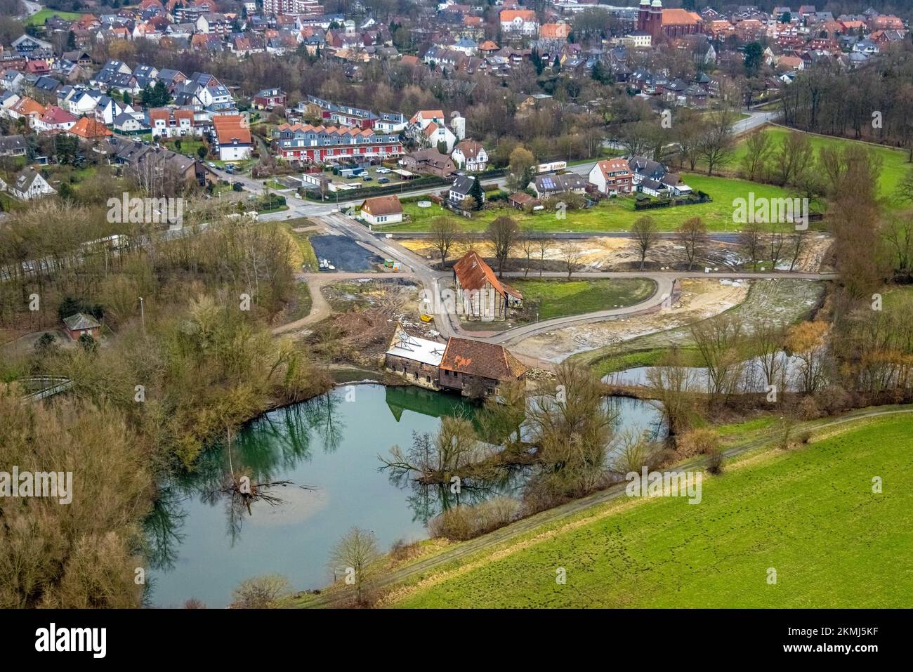 Aerial view, construction site and renovation of the castle mill at the ...