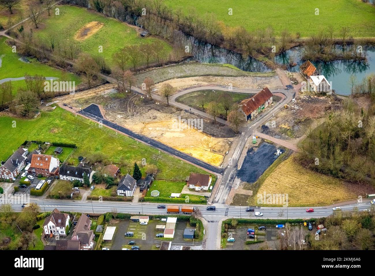 Aerial view, construction site and renovation of the castle mill at the ...