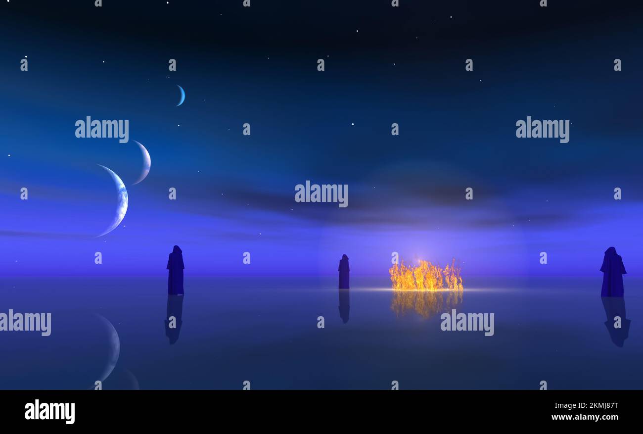 Figures approach fire in the night on other world. 3D rendering Stock ...
