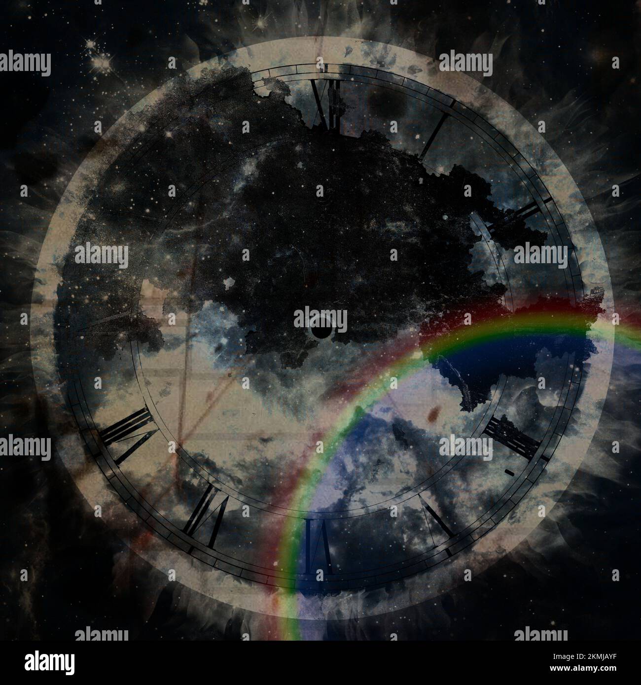 Ancient clockface and rainbow. 3D rendering Stock Photo - Alamy