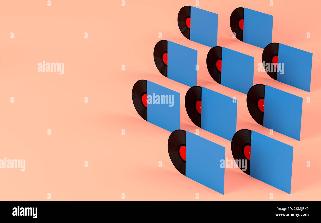 Set of vinyl LP records with cover isolated on coral background. 3d ...