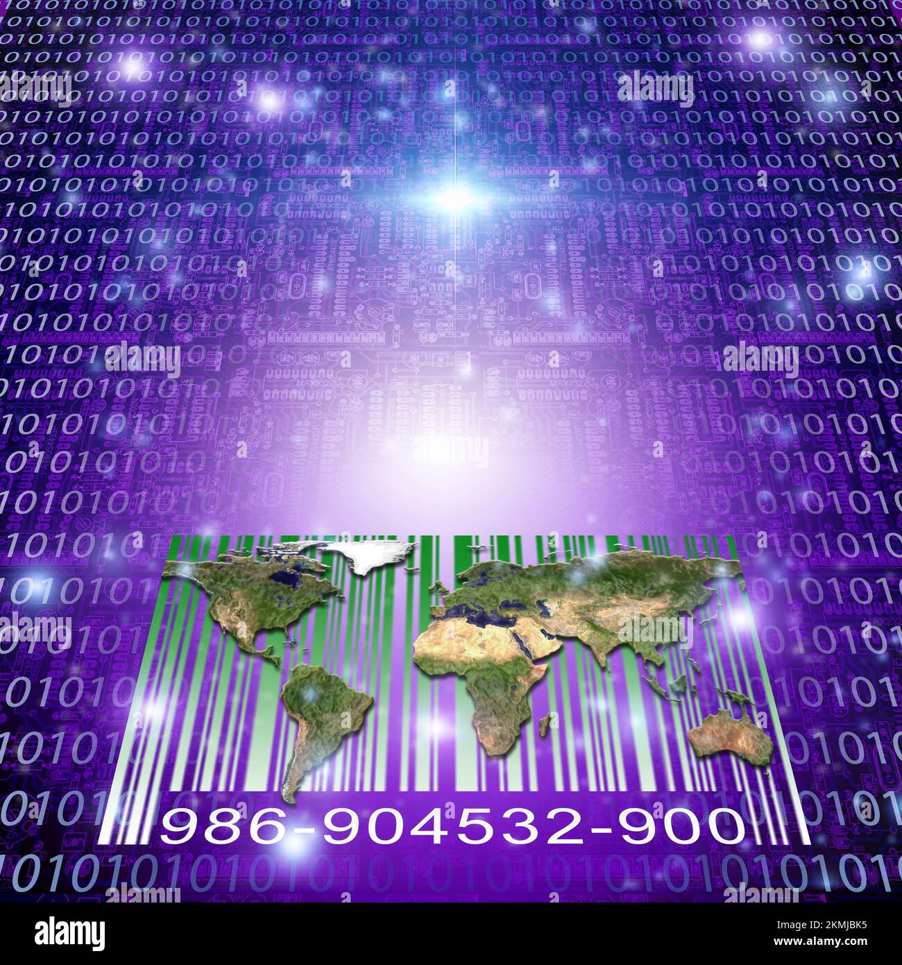 Binary code, world map and bar code. 3D rendering Stock Photo - Alamy