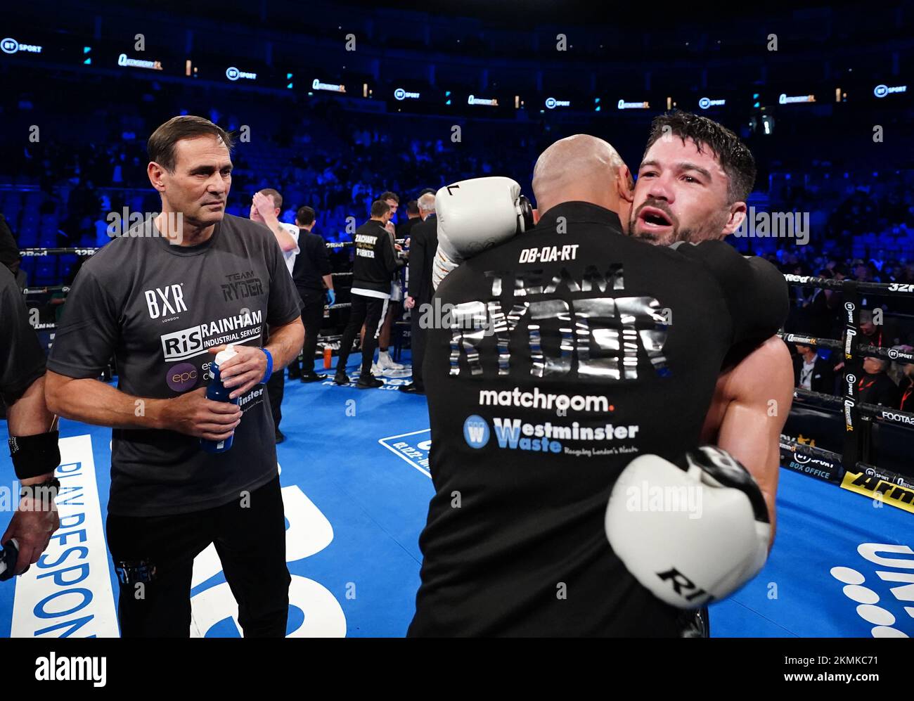 John Ryder (right) celebrates victory by technical knock out of Zach ...