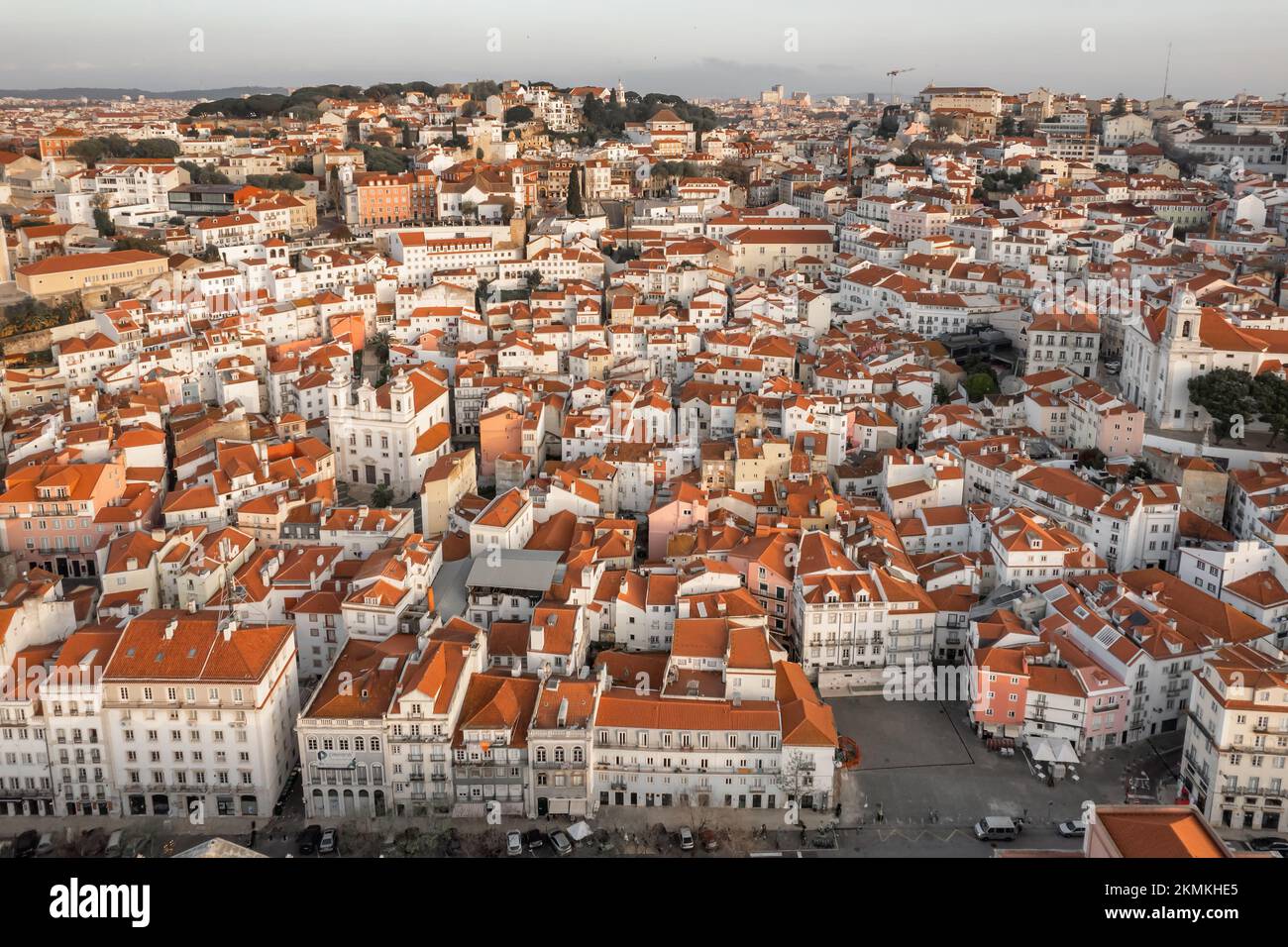 Aerial panoramic view of downtown of Lisbon at sunrise, Portugal Stock ...
