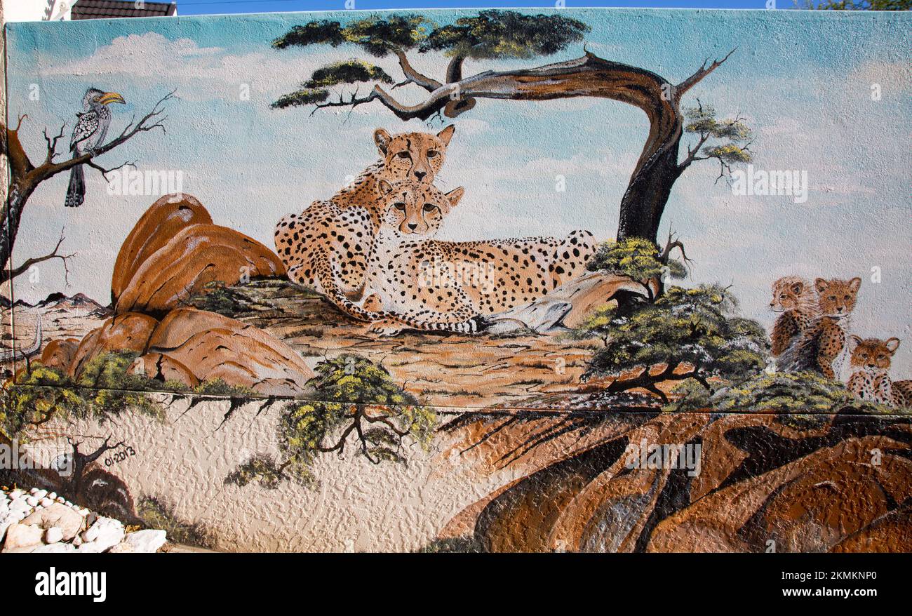 NAMIBIA. Animal painting, family of leopards and yellow-billed hornbill ...