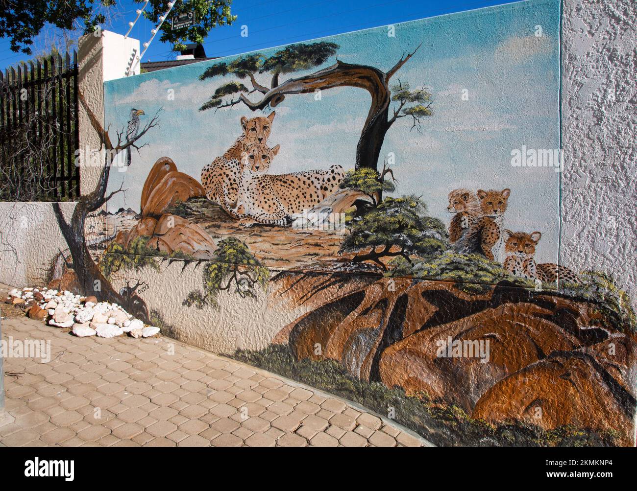 NAMIBIA. Animal painting, family of leopards and yellow-billed hornbill ...
