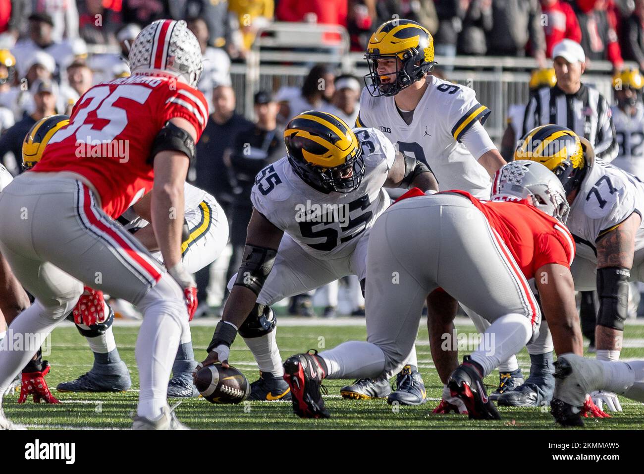 Columbus, Ohio, USA. 26th Nov, 2022. Michigan Wolverines quarterback J.J. McCarthy (9) calls the ...