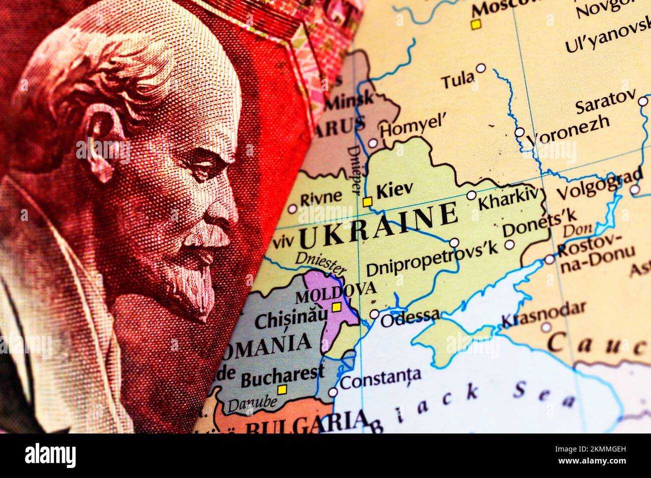 Close-up of a ruble banknote on top of a map showing Ukrain Stock Photo ...