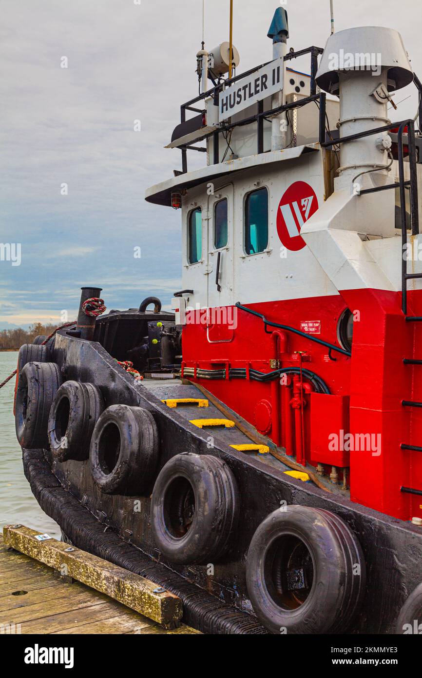 Partial view of a tugboat bow and wheelhouse in Steveston British ...