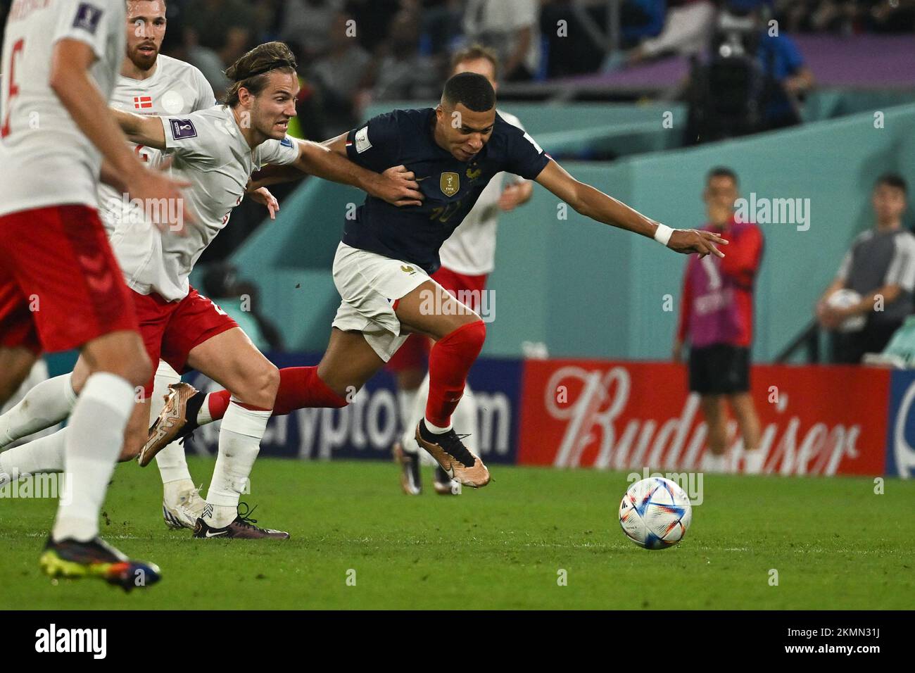 Kylian Mbappe of France and Joachim Andersen of Denmark during France v ...