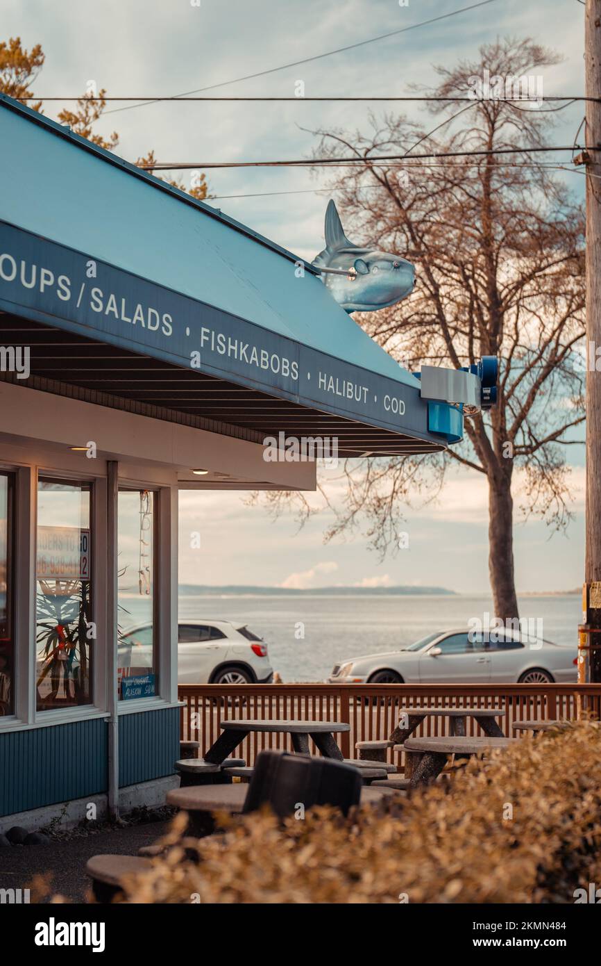 An outside view of Alki beach restaurant with outdoor sitting in ...