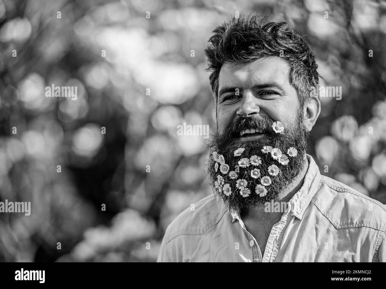 Freshness concept. Hipster on smiling face, nature background ...
