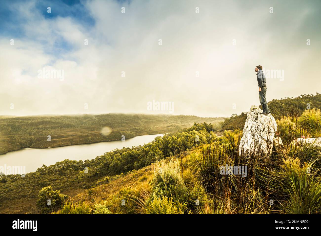 Travel And Lifestyle Landscape On A Male Explorer Sightseeing Lake Pedder On Route Around