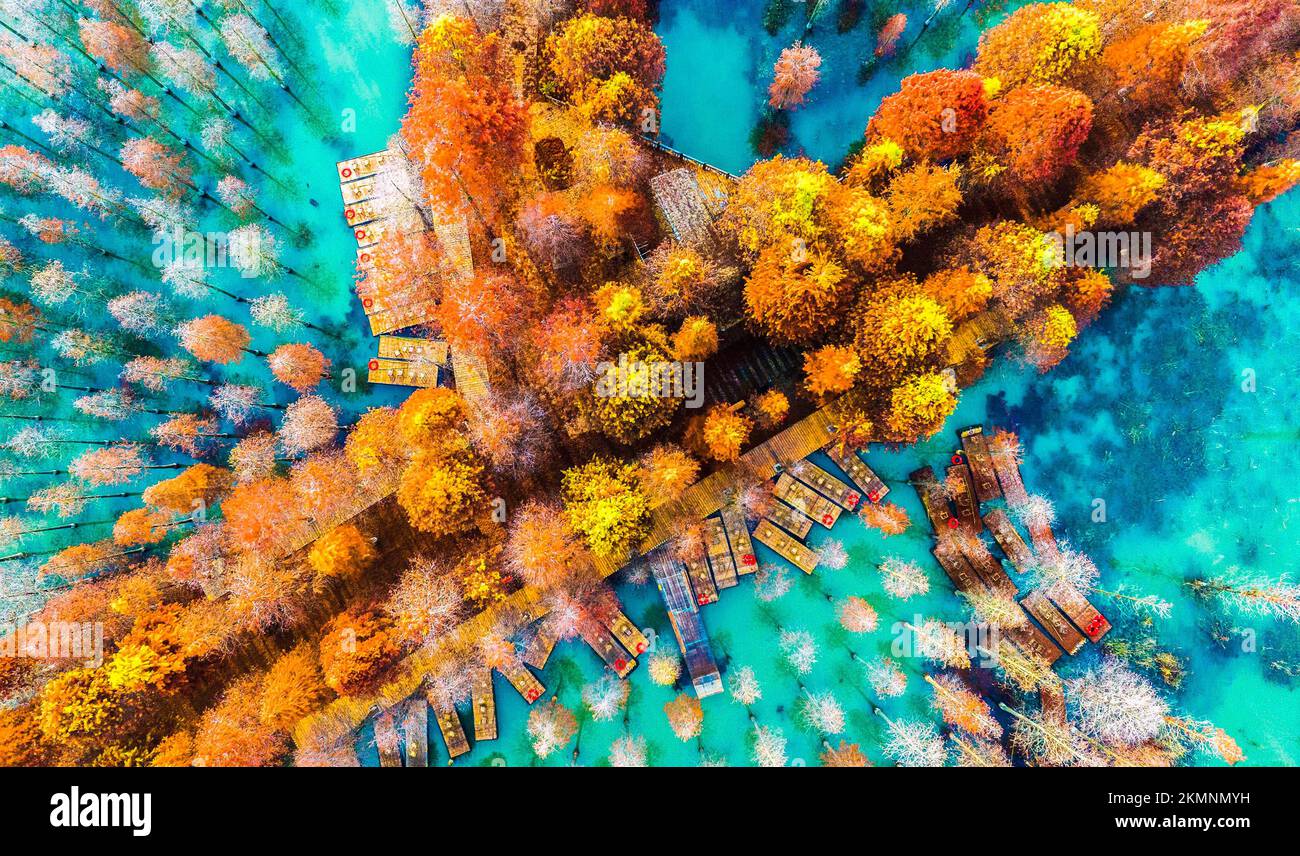 SUQIAN, CHINA - NOVEMBE 25, 2022 - Aerial photo shows the colorful ...