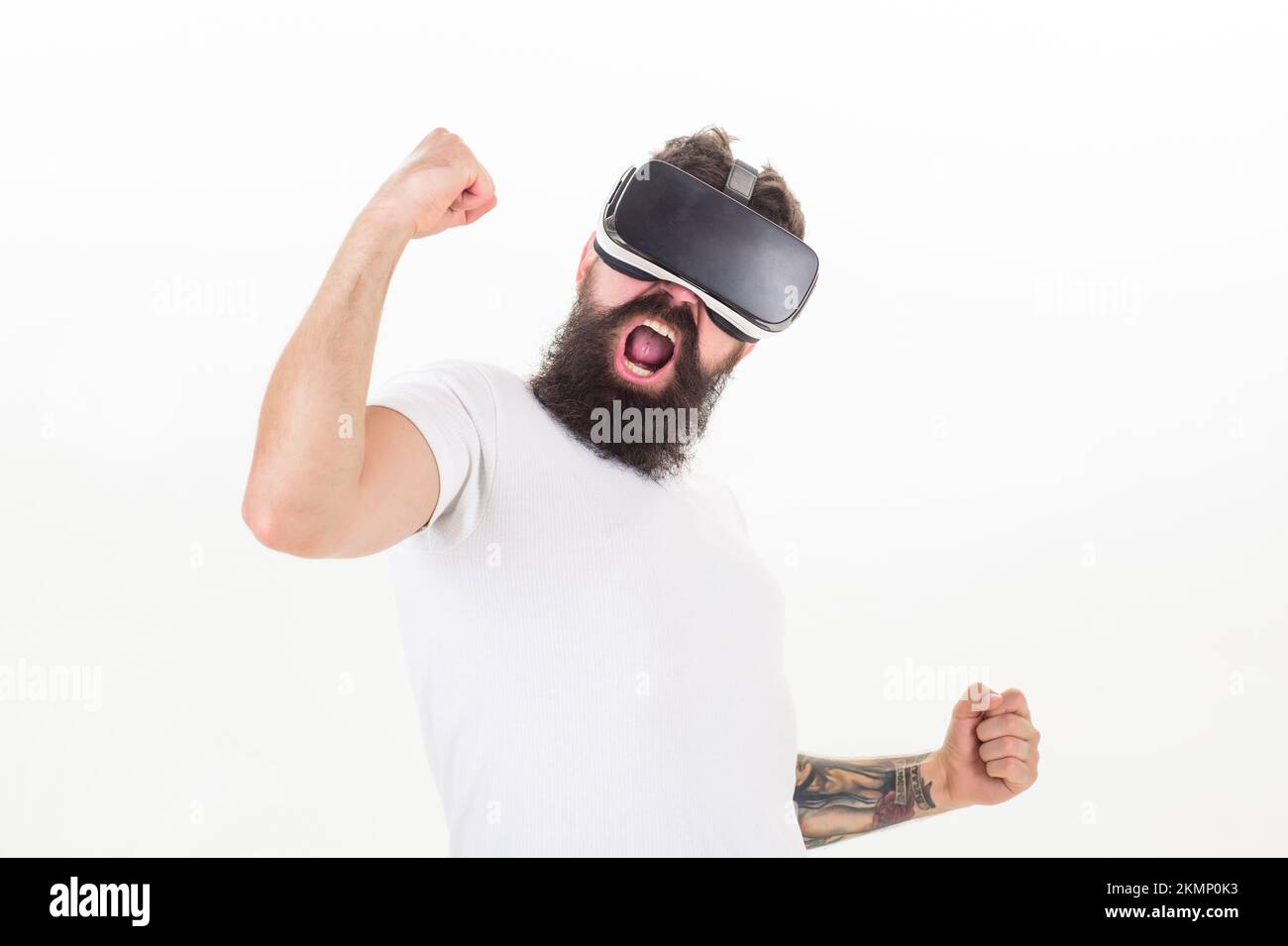 Hipster play virtual game. Virtual victory. Man bearded gamer VR ...