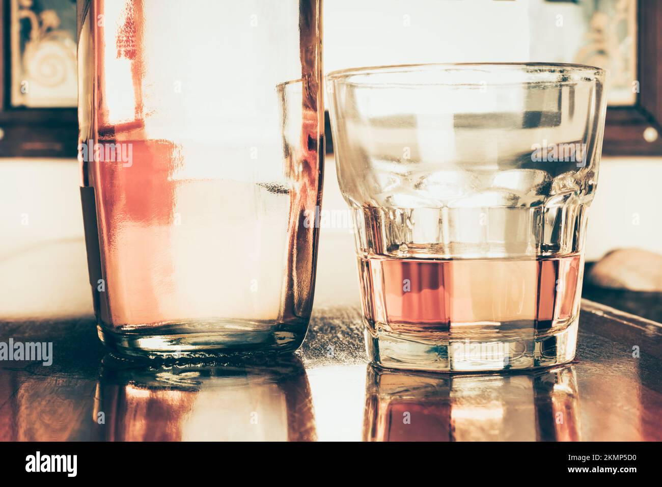 Closeup horizontal beverage picture on a glass of golden rum 50ml ...