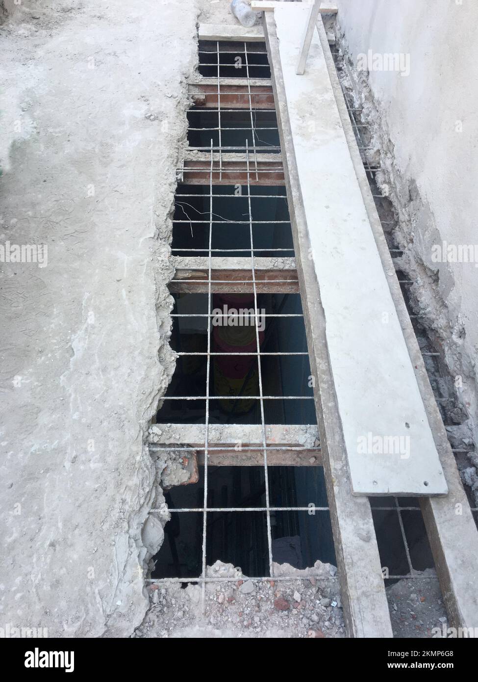 Construction Site Demolition Revealing Concrete Floor Rebar and ...