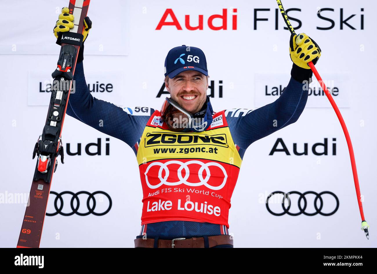 Norway's Aleksander Aamodt Kilde celebrates his victory on the podium ...