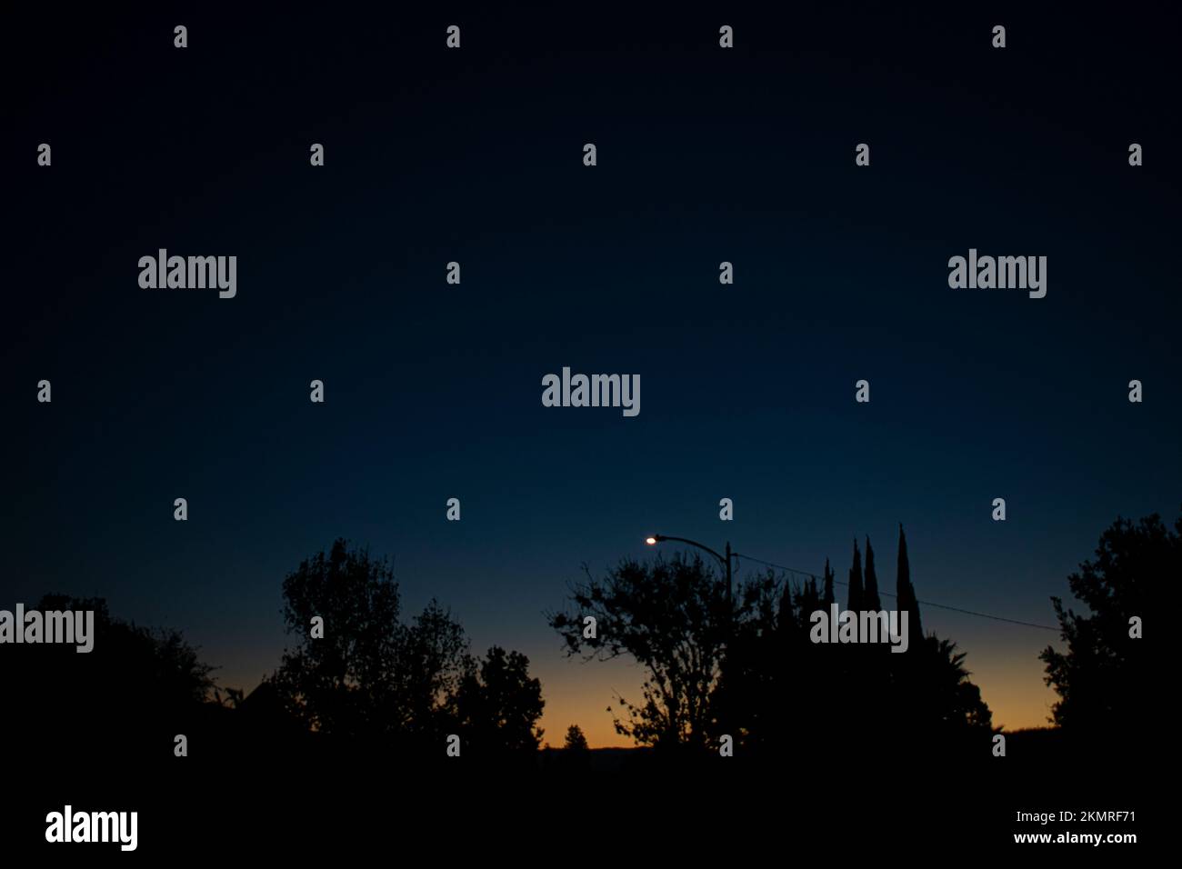 orange and navy gradient sunset with dark trees and lamp post Stock ...
