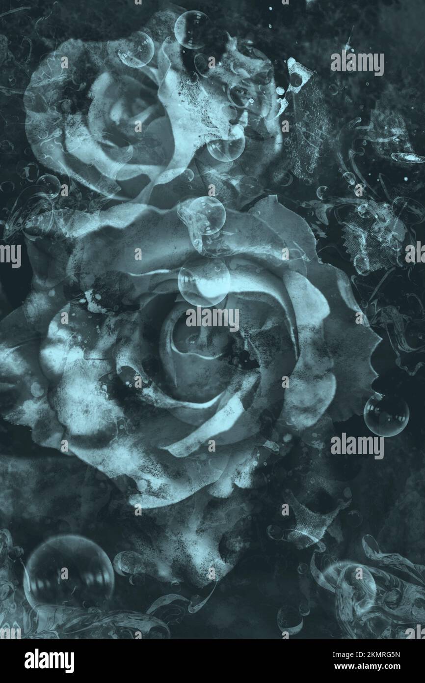 Shabby chic still life image of underwater ornate blue flowers in the ...