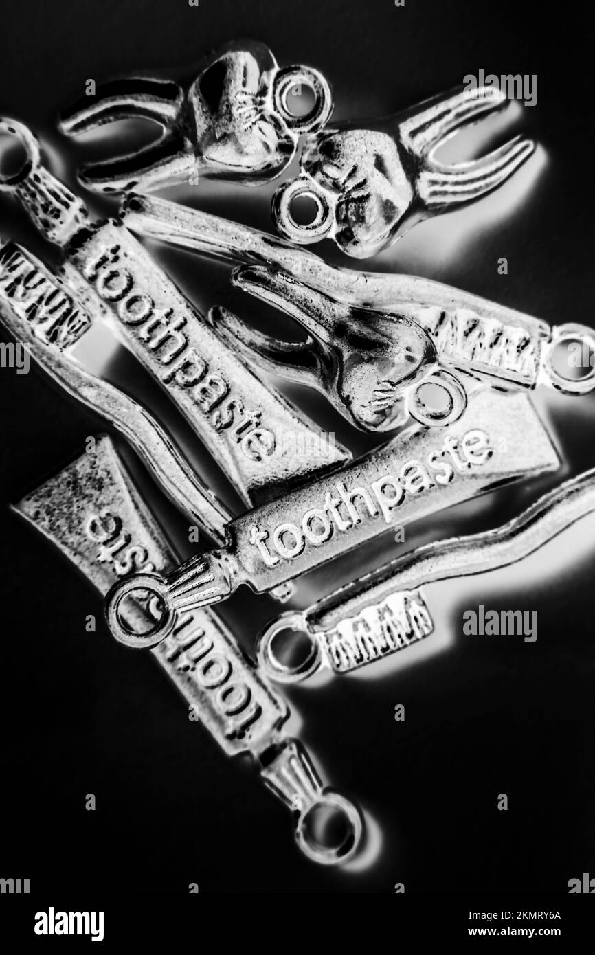 Black and white artwork on a creative mix of dentistry objects in ...