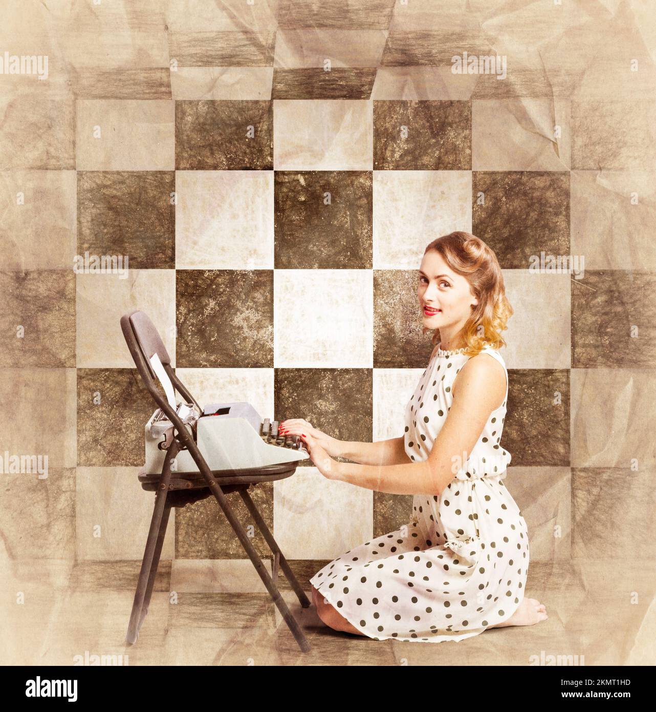 Vintage paper portraiture of a beautiful young fifties woman kneeling ...