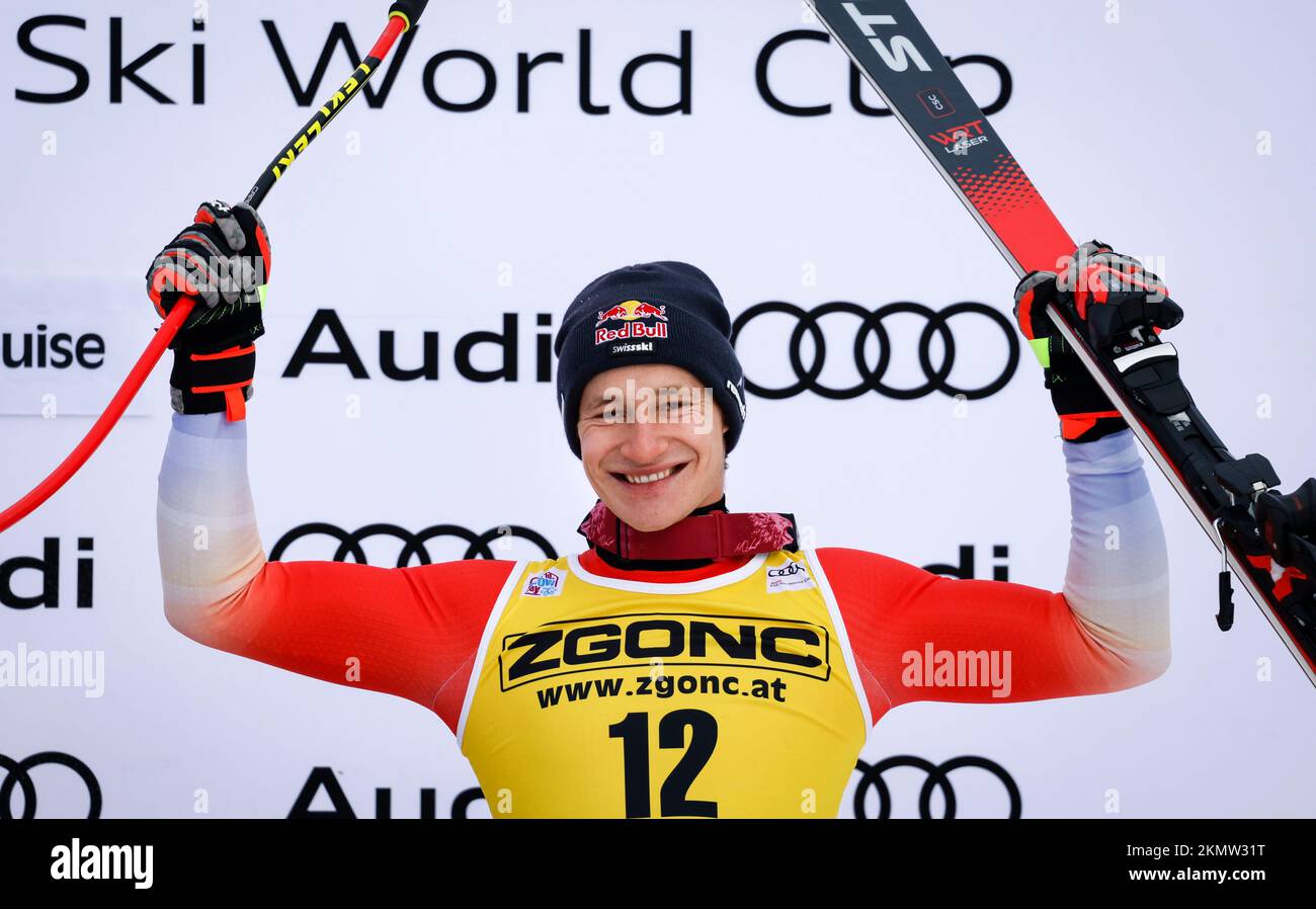 Third place finisher Switzerland's Marco Odermatt celebrates on the ...