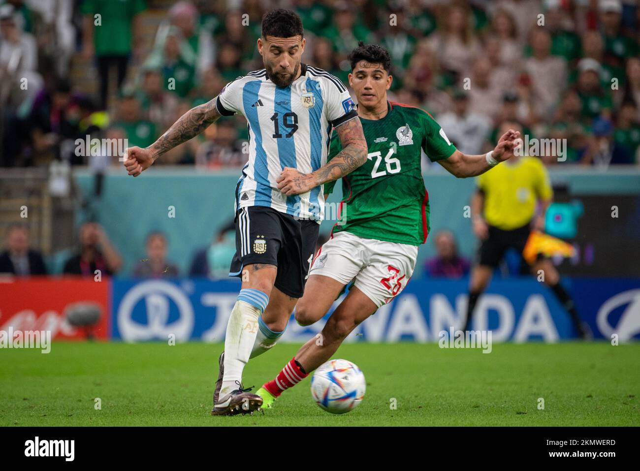 Nicolas Otamendi of Argentina and Kevin Alvarez of Mexico during the ...