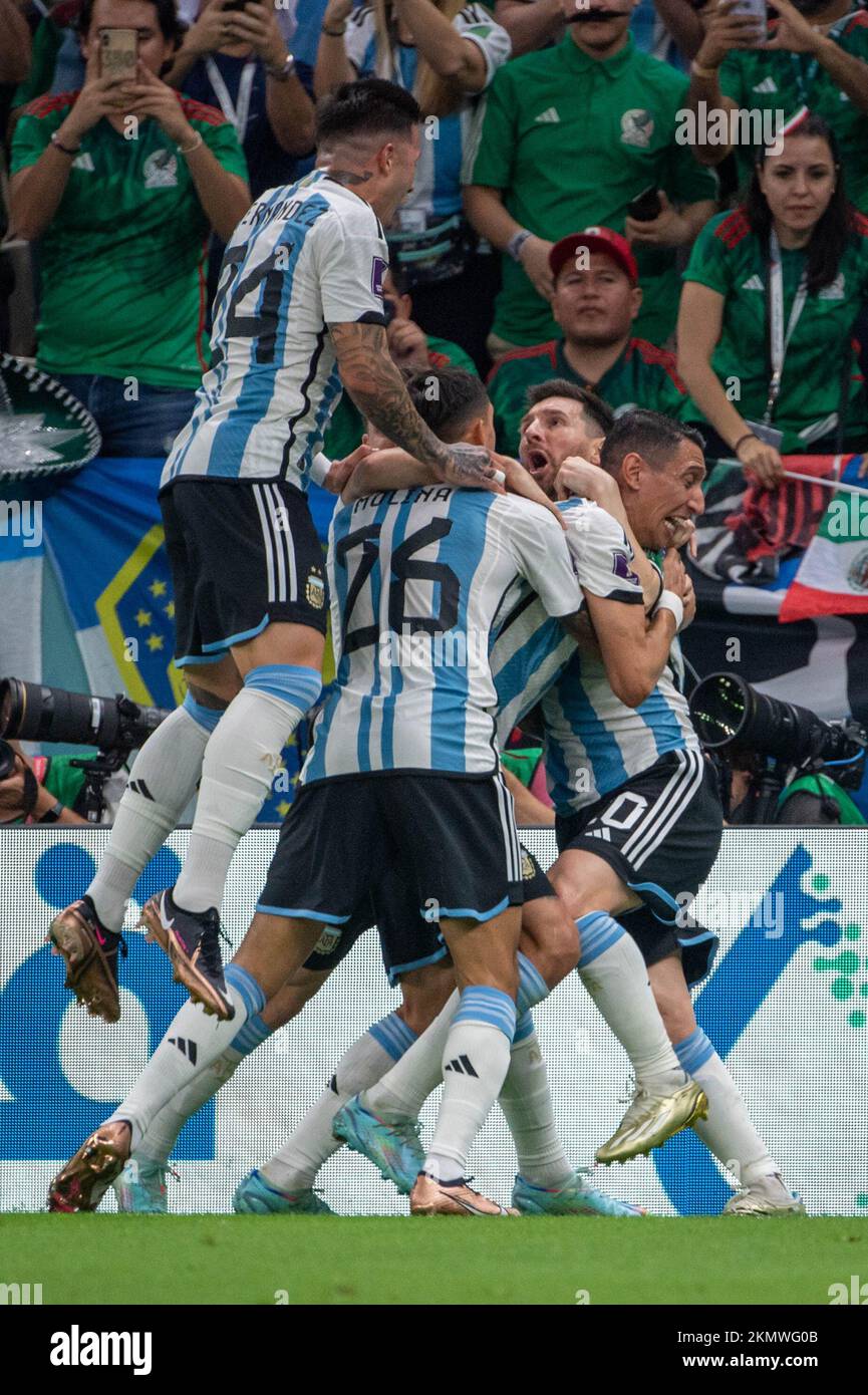 Argentinian players celebrate scoring during the FIFA World Cup Qatar 2022 Group C match between ...