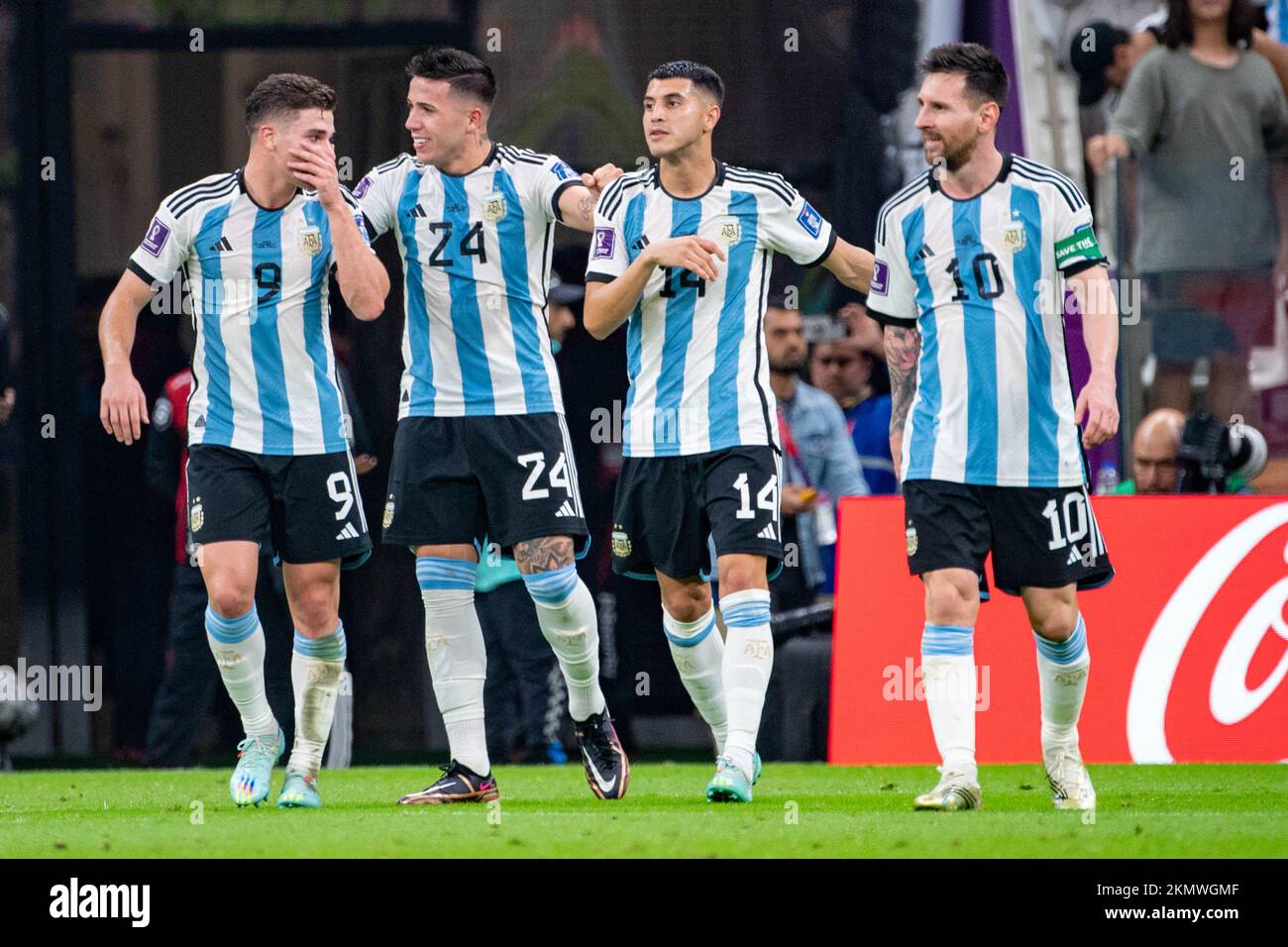The Argentinian players celebrate scoring during the FIFA World Cup ...