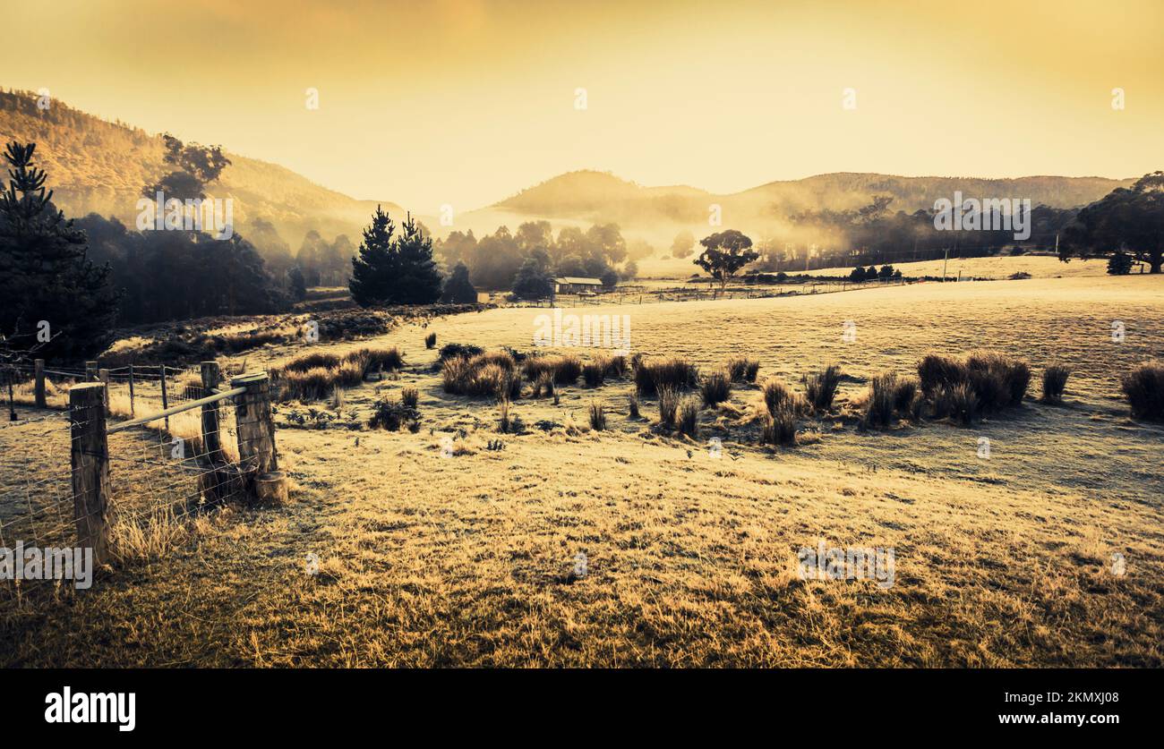 Dawn sunrise panoramic over a misty australian farming field. Winter in ...