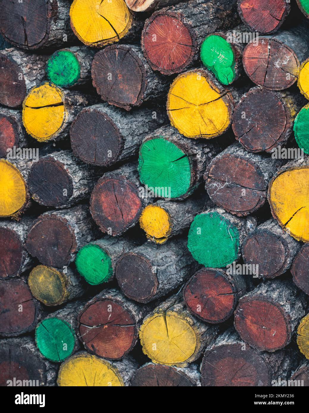A vertical shot of a colorful wall of stacked wood logs outdoor Stock ...